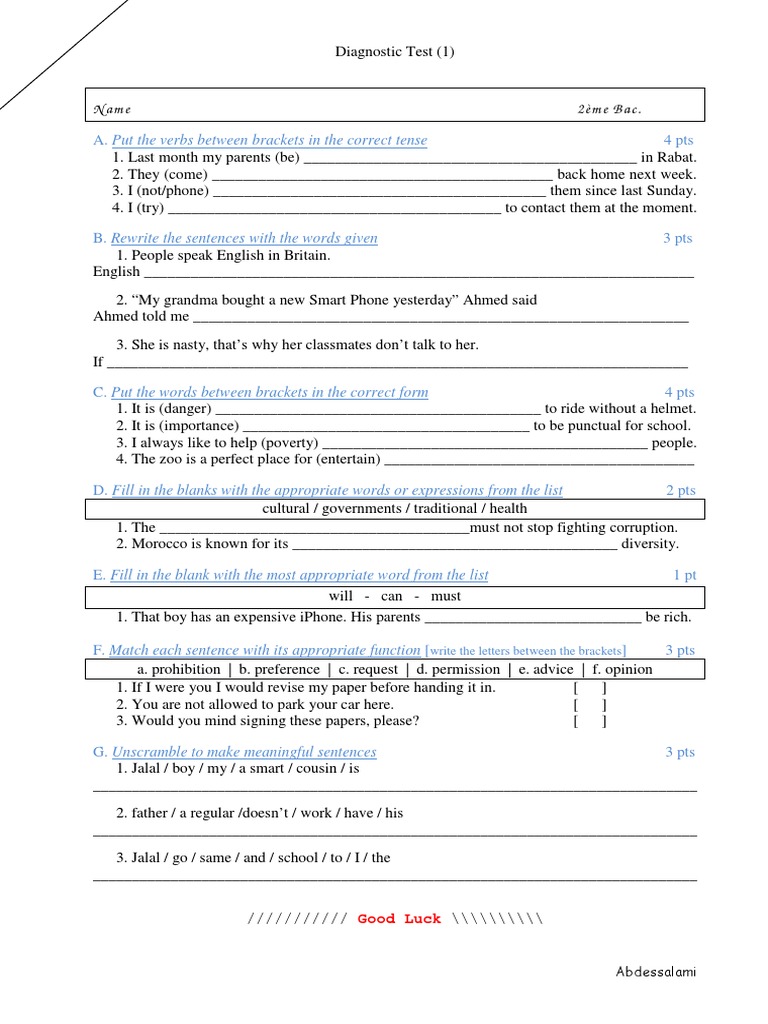 2 Bac Diagno Test Pdf English Language Language Mechanics