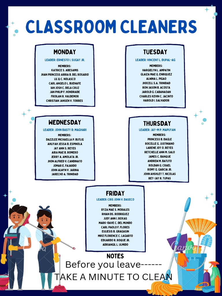 Blue and White Illustrative Classroom Cleaners Classroom Poster | PDF