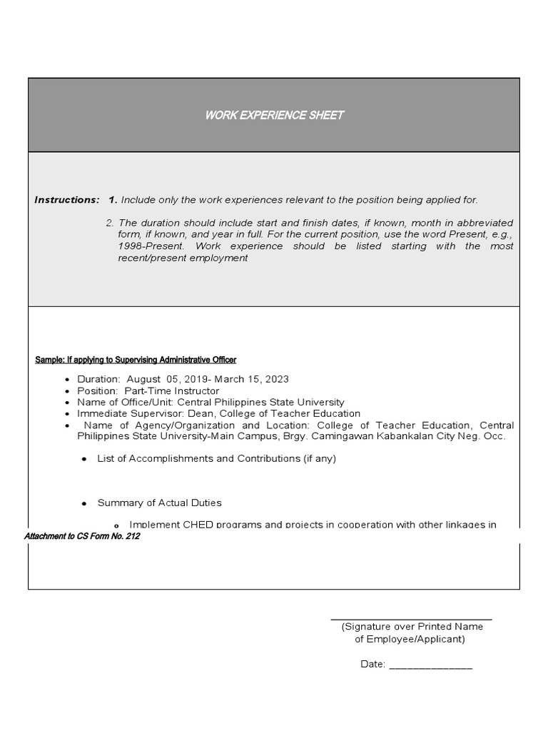 CS Form No. 212 Attachment Work Experience Sheet | PDF | Career ...