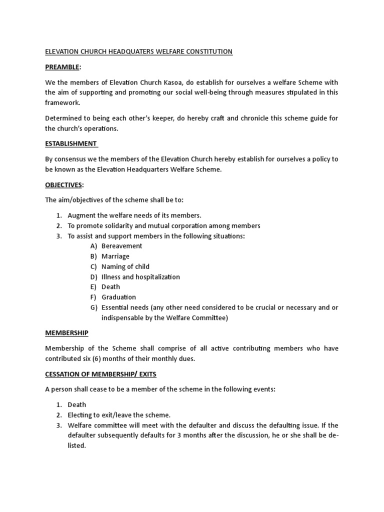 Elevation Church Headquaters Welfare Constitution | PDF | Welfare | Banks