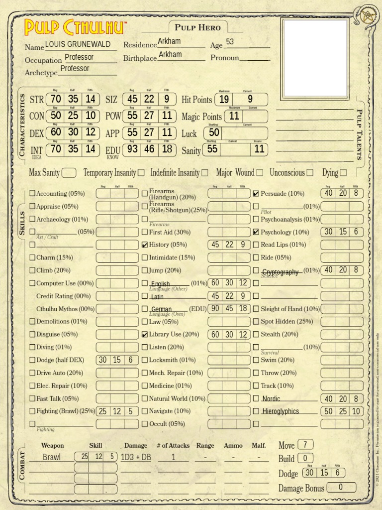 CoC7 PC Sheet - Auto-Fill - 1930s Pulp - Standard - Color | PDF