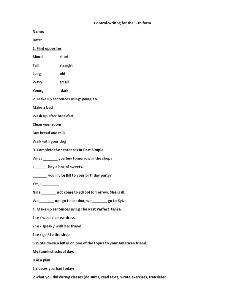 Control Work for 5th Grade English | PDF