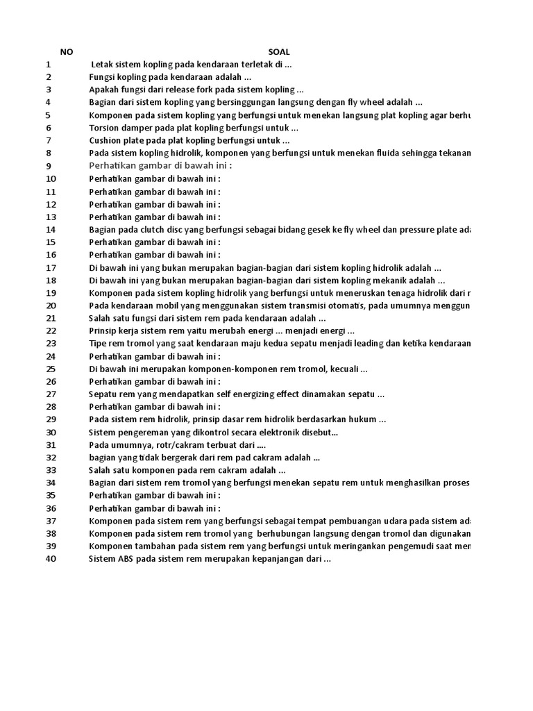 Soal Gambar Pemeliharaan Chasis Dan Pemindah Tenaga Kelas Xi | PDF