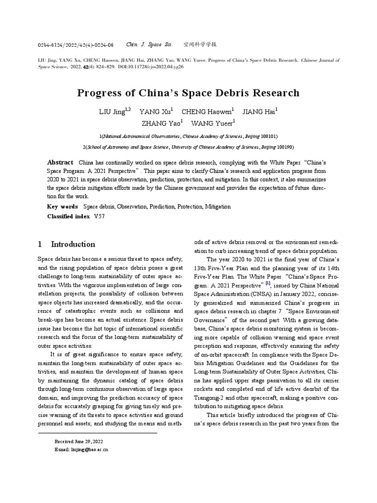 Progress of China's Space Debris Research | PDF | Space Debris ...