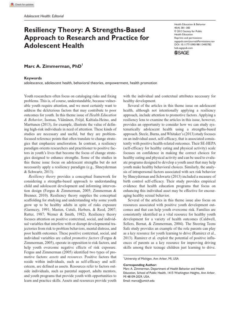 Zimmerman 2013 Resiliency Theory A Strengths Based Approach To Research and Practice For ...