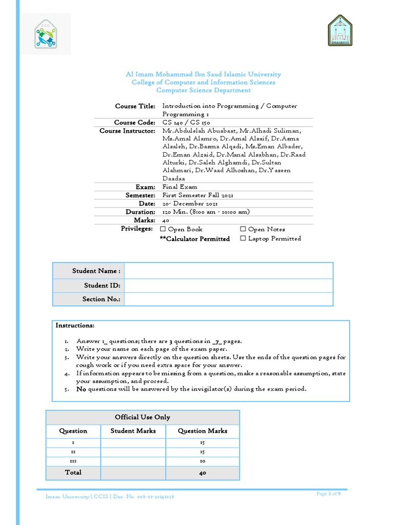 FinalExam Previous | Download Free PDF | Boolean Data Type | Parameter (Computer Programming)