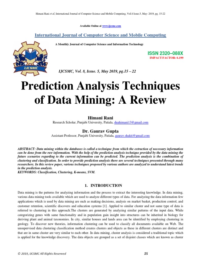 Prediction Analysis Techniques of Data M | PDF | Support Vector Machine | Cluster Analysis