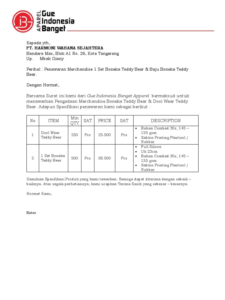 Surat Penawaran PT. HWS - Boneka Teddy Bear | PDF
