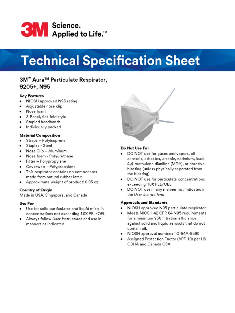 9205+ N95 Particulate Respirator Spec Sheet | PDF | Occupational Safety ...