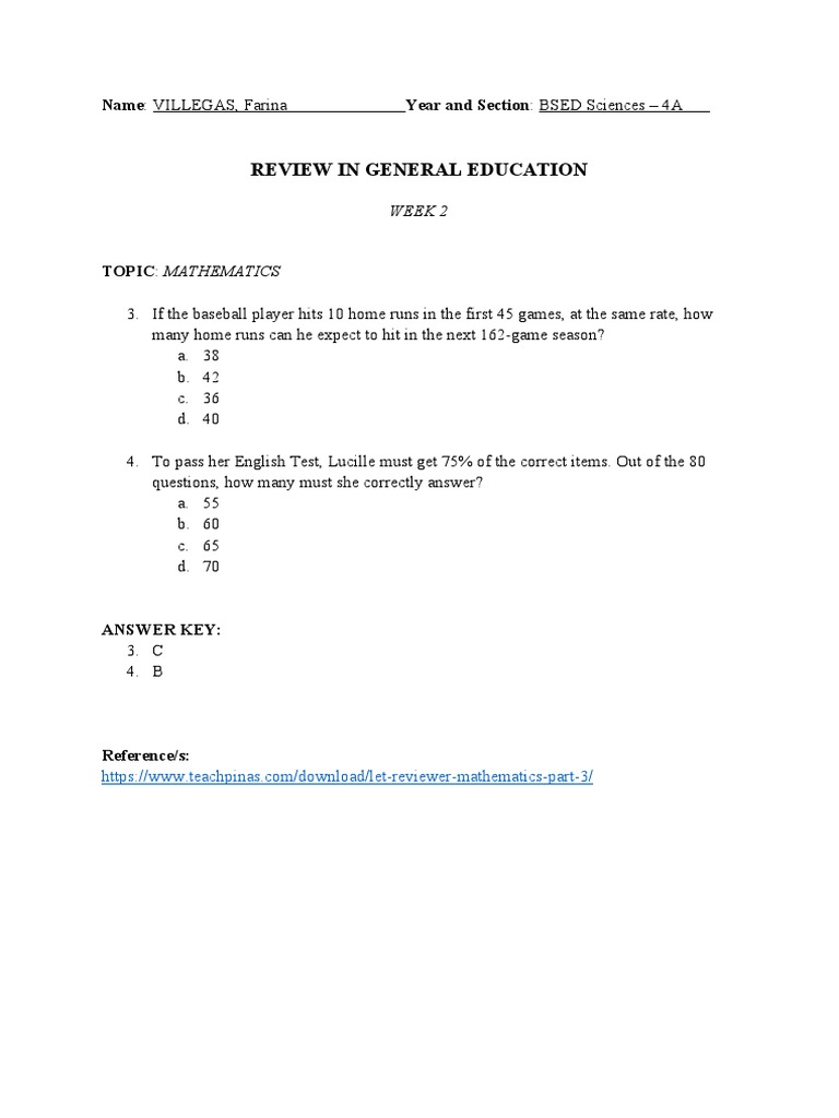 VILLEGAS Farina Mathematics Week 2 | PDF | Sports & Recreation | Teaching Methods & Materials