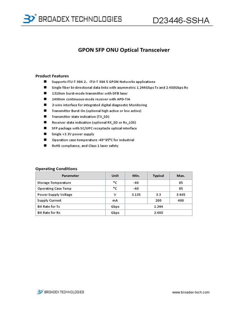 Datasheet-D23446-SSHA (GPON ONU B Plus SFP) - UK | PDF | Electronics ...