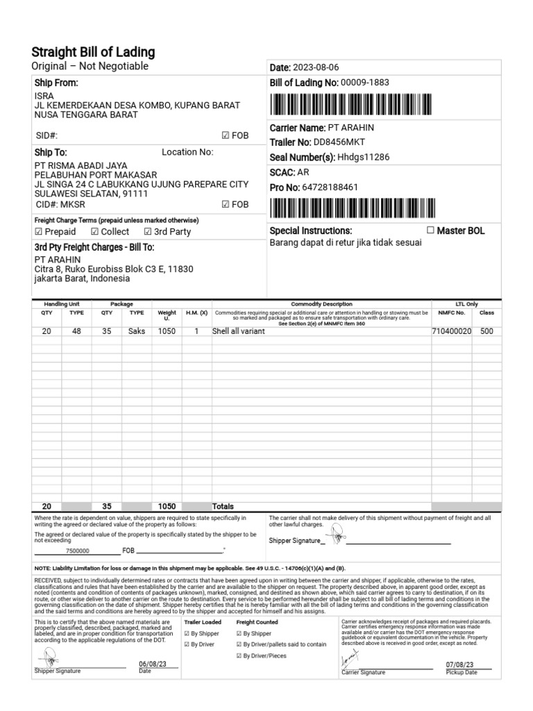 Straight Bill of Lading: Original - Not Negotiable | PDF | Cargo | Bill Of Lading