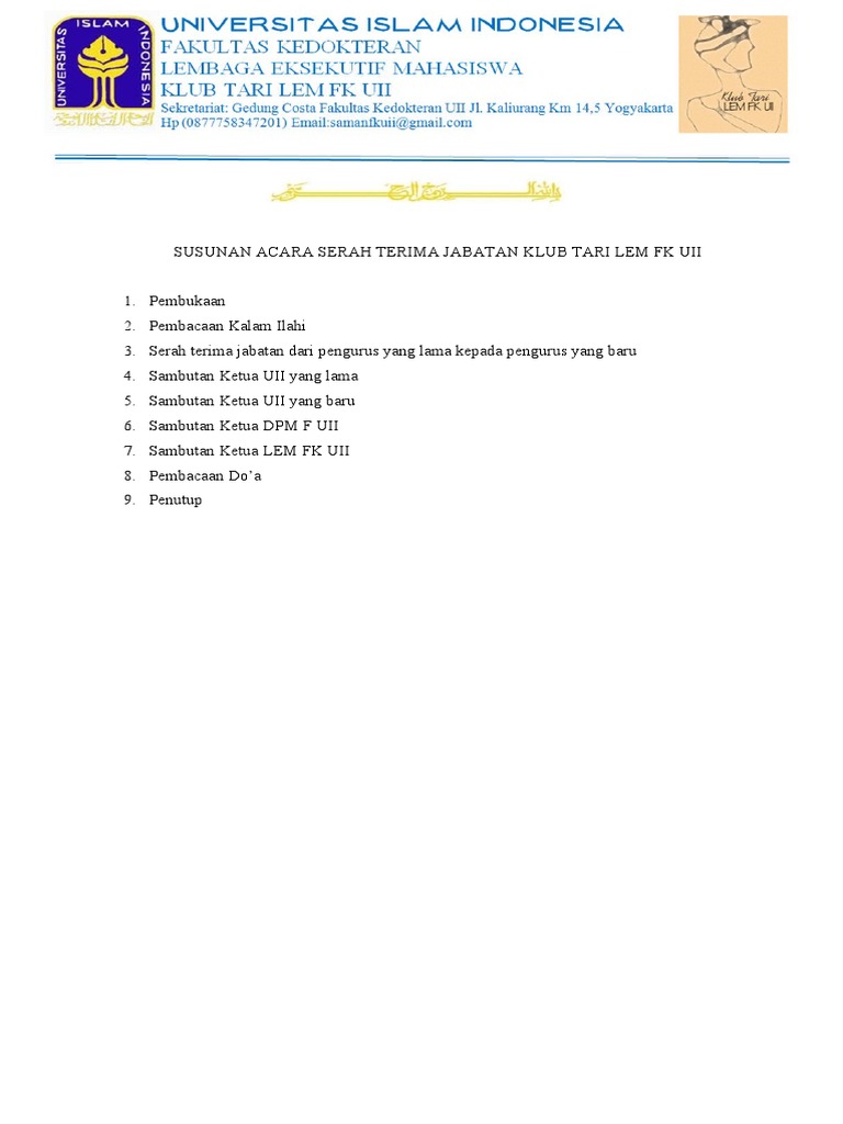 Susunan Acara Serah Terima Jabatan Klub Tari Lem FK Uii | PDF
