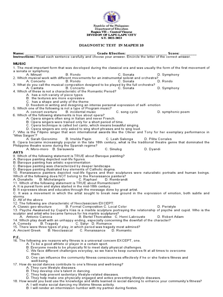 Diagnostic Test Mapeh Grade 10 | PDF | Physical Fitness | Sculpture
