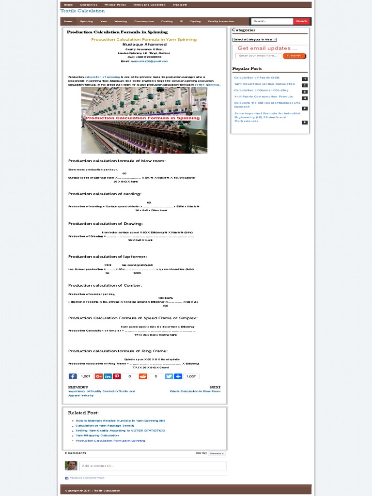 Production Calculation Formula in Spinning - Textile Calculation | PDF | Spinning (Textiles ...