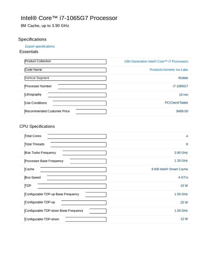Intel Core I71065g7 Processor 8M Cache Up To 3.90 GHZ Product Specifications | PDF | Office ...