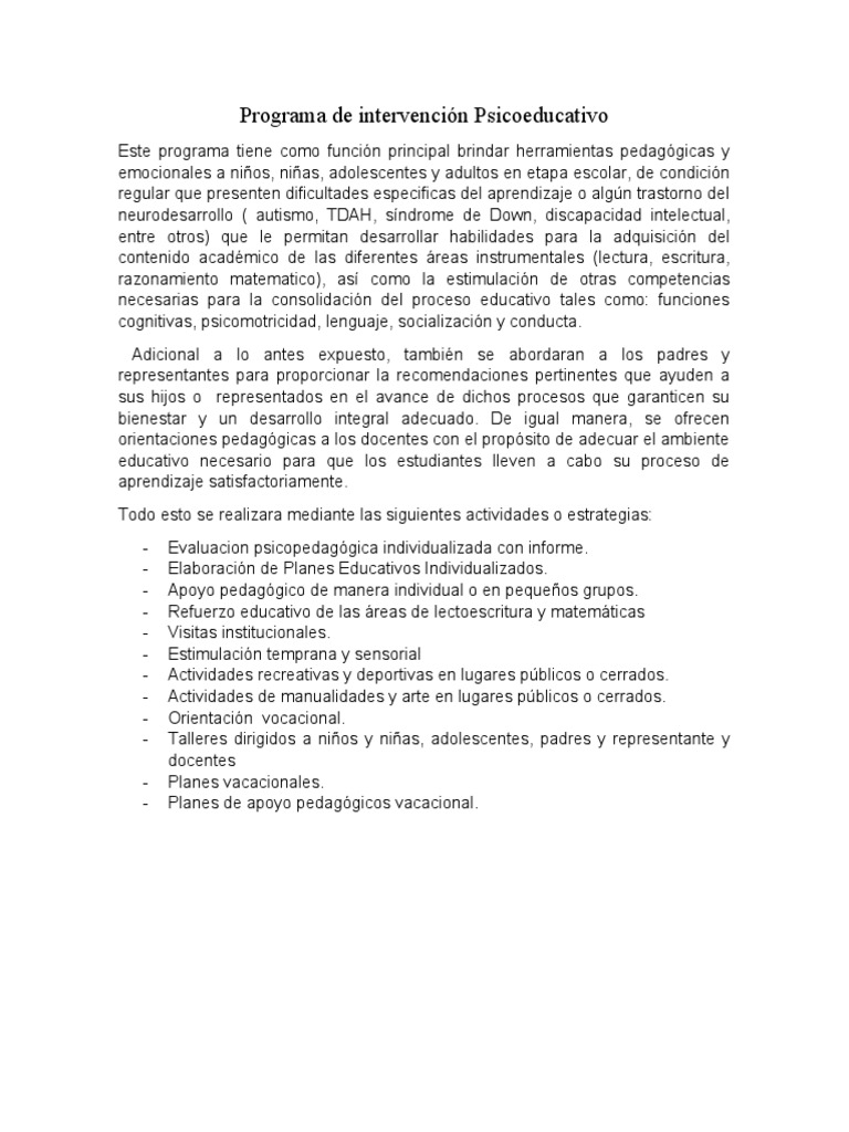 Programa de Intervención Psicoeducativo | PDF | Aprendizaje | Discapacidad intelectual