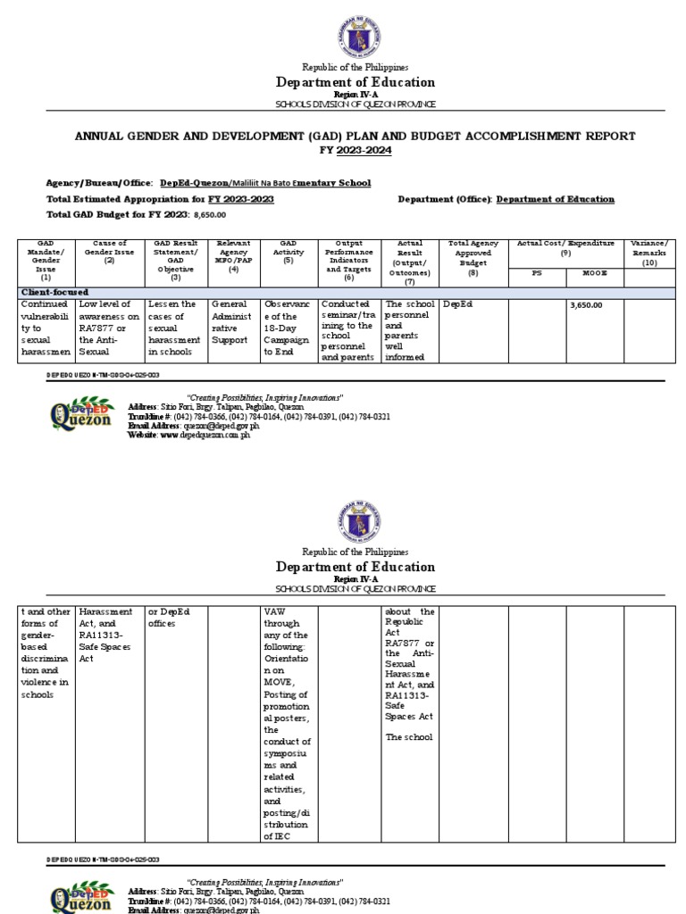 Quezon Province GAD Plan FY 2023-2024 | PDF