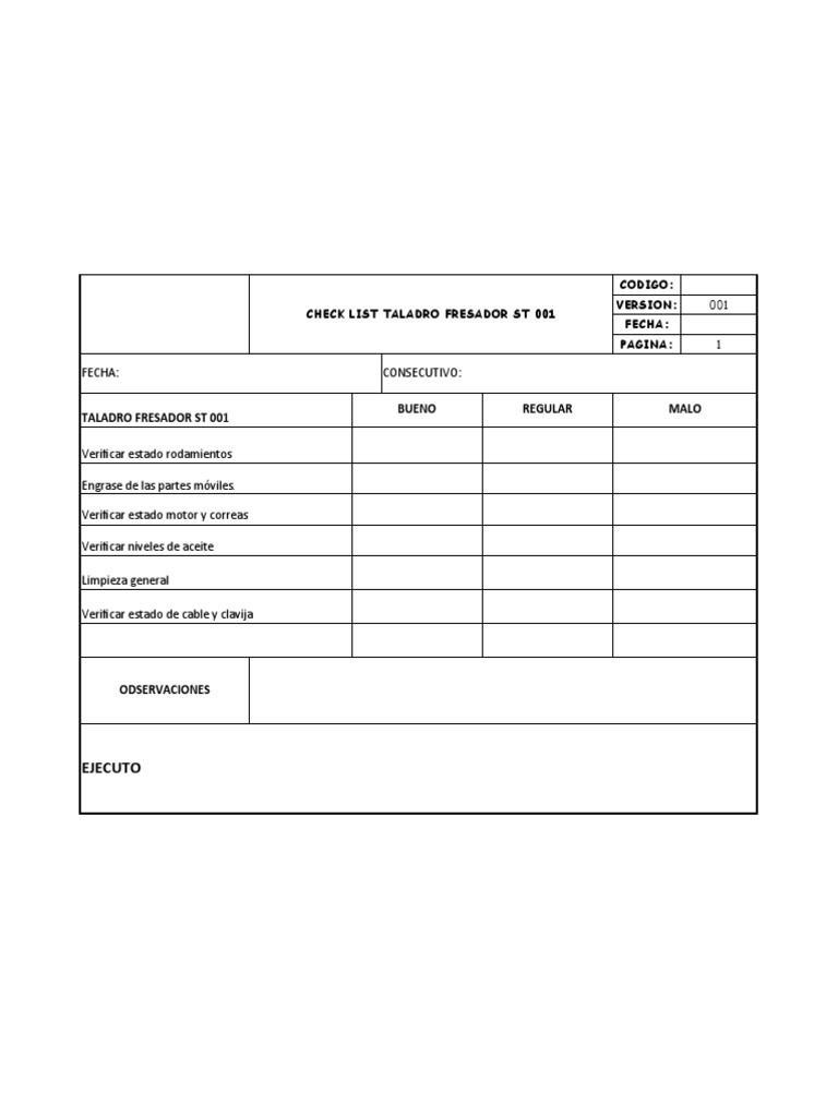 R-P-M-022 Check List Taladro Fresador | PDF
