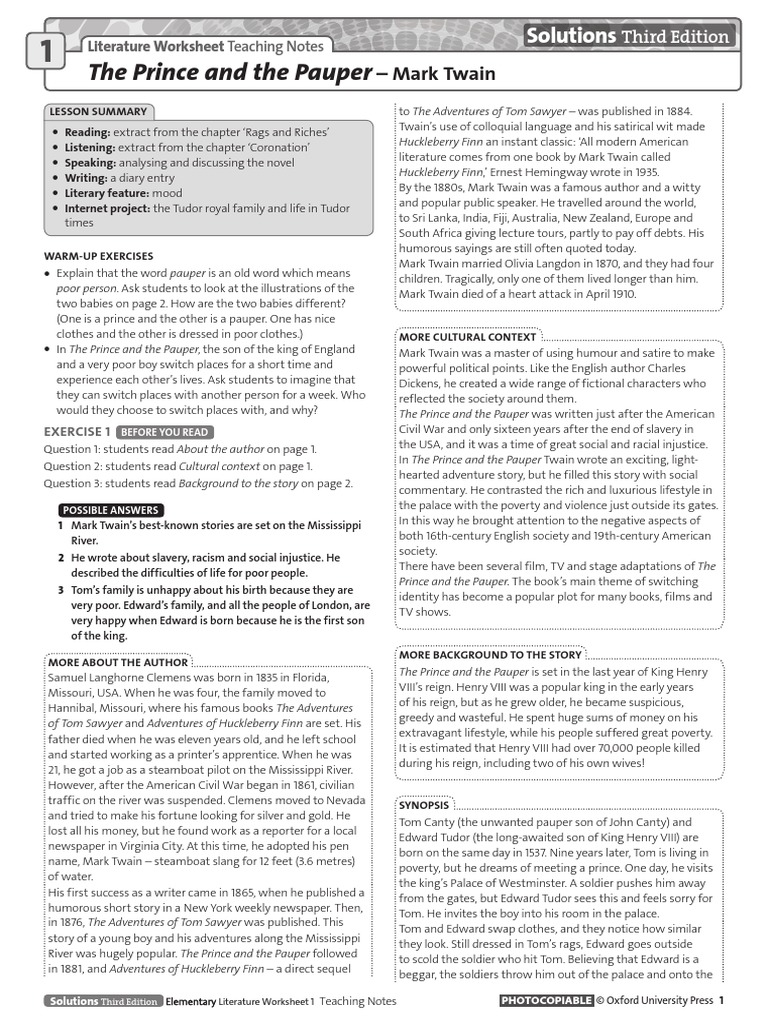 Solutions 3e Elementary Literature worksheet Teacher_ThePrinceandthePauper | PDF | Mark Twain ...