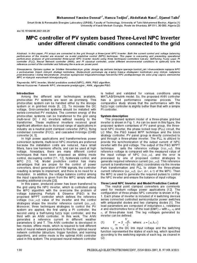 MPC Controller of PV System Based Three-Level NPC Inverter Under ...