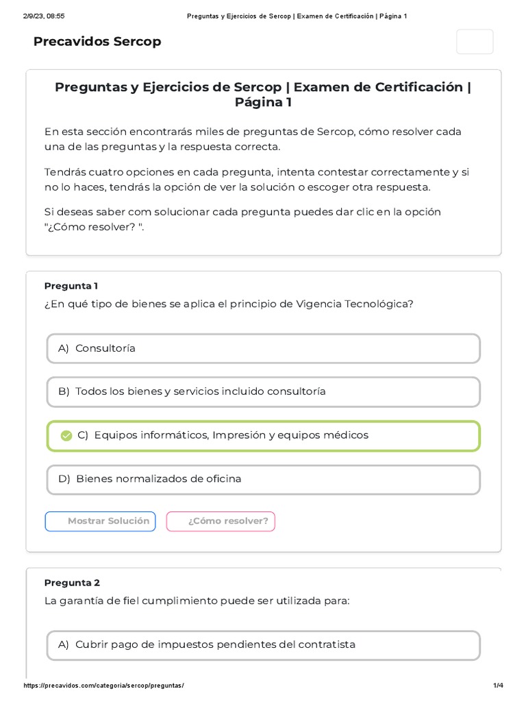 Preguntas y Ejercicios de Sercop - Examen de Certificación - Página 1 | PDF