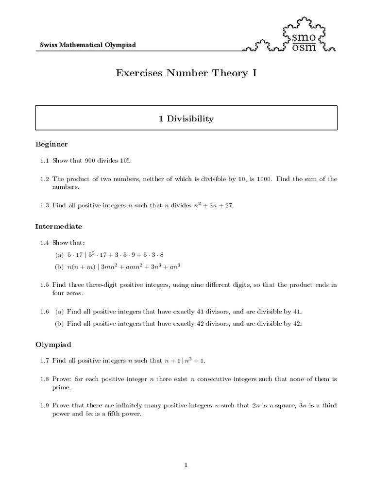 Swiss Math Olympiad: Number Theory Exercises | PDF | Abstract Algebra | Algebra