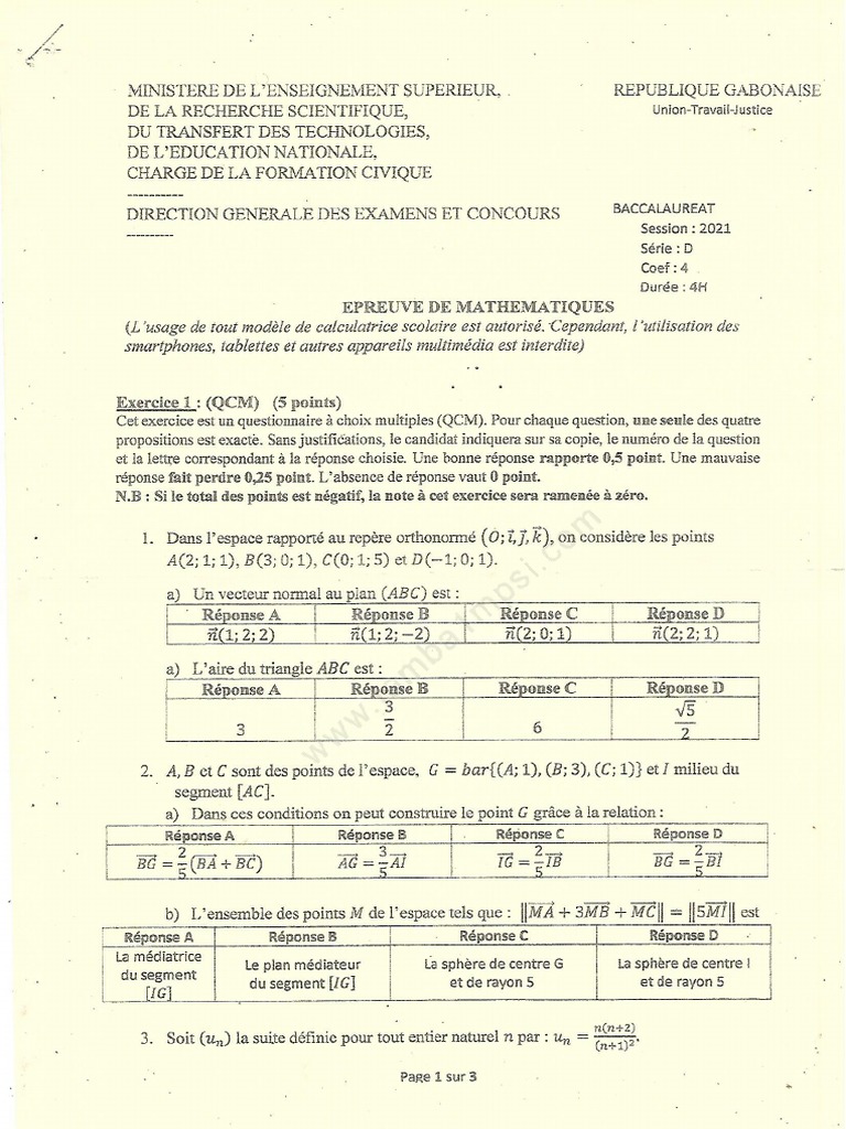 Bac 2021 Gabon Maths Series D | PDF