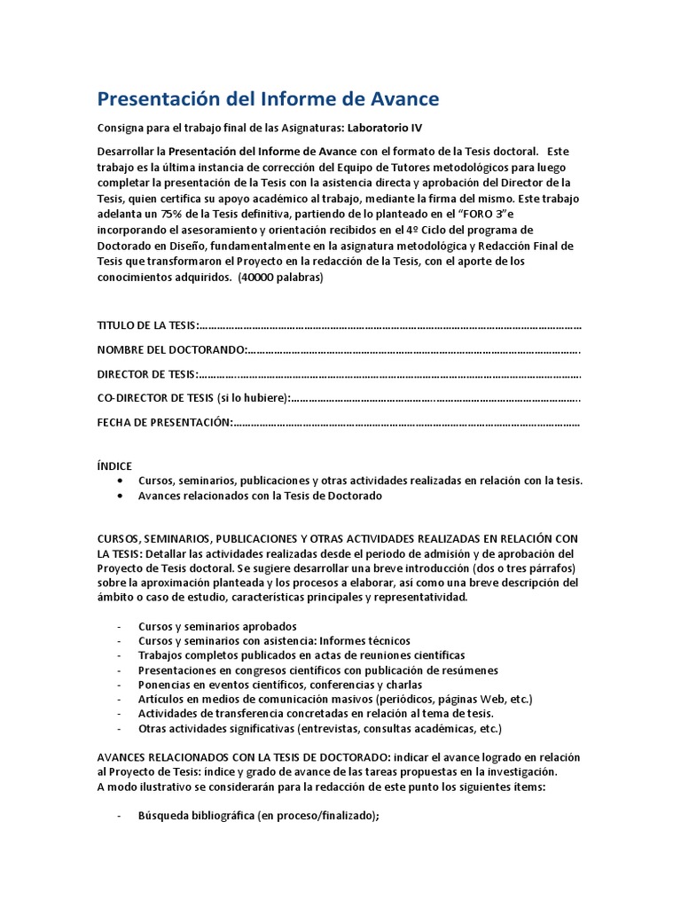 Informe de Avance Tesis Doctoral | PDF | Tesis | Science