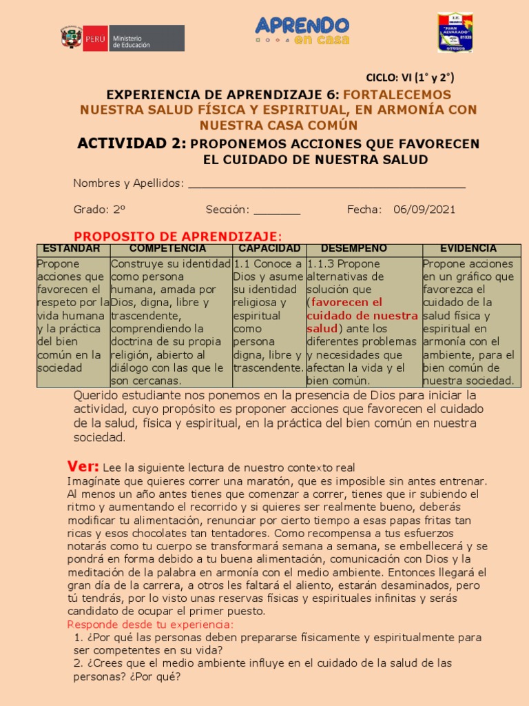 Actividad 2 Experiencia de Aprendizaje 6 2° Grado Relig | PDF