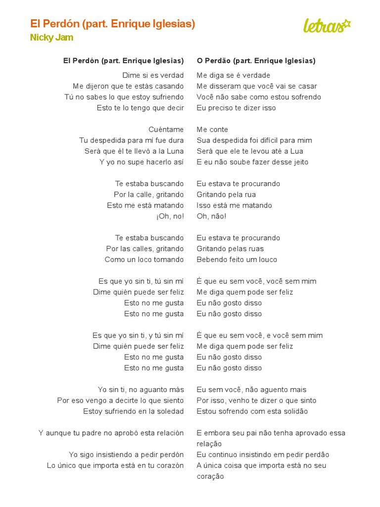 Letra e Tradução de El Perdón | PDF | Poesia