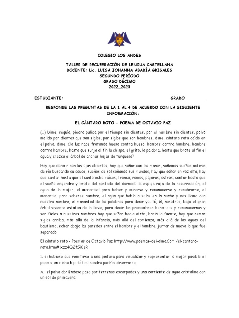 Taller de Recuperaciã N 2p Esp Dã Cimo Luisa Abadia | PDF | Poesía | Ficción general