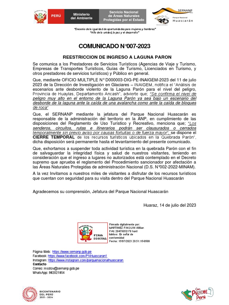Comunicado 007 Laguna Paron | PDF | Turismo