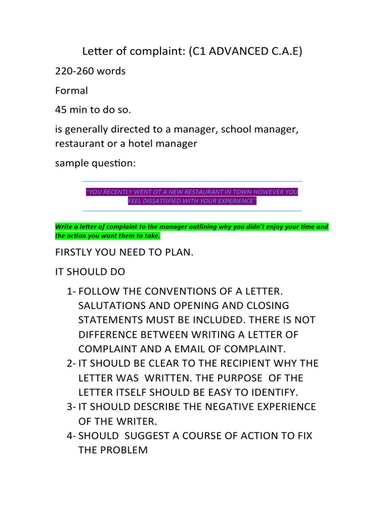 How To Write A Complaint Letter For A C1 (CAE) ADVANCED Cambridge Exam | PDF | Restaurants ...