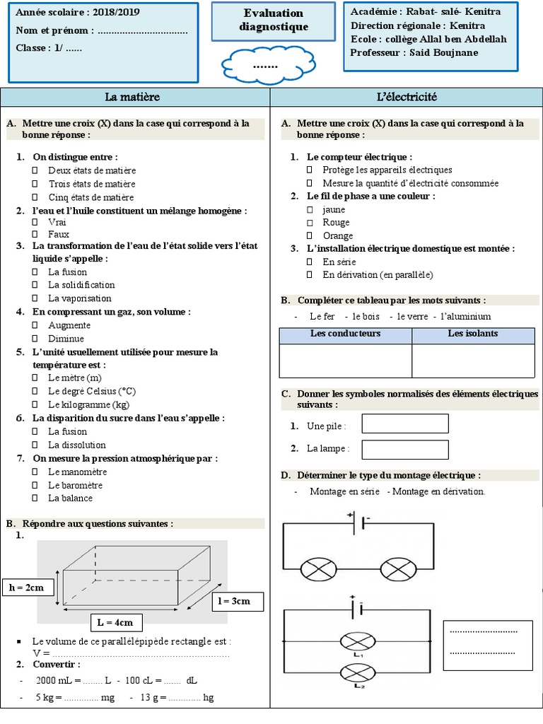 Test diagnostique en physique 1AC | PDF