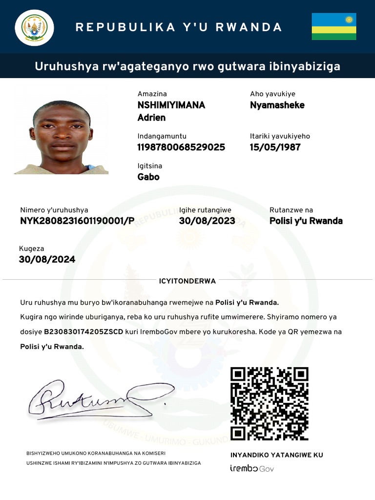 Repubulika Y'U Rwanda Uruhushya Rw'agateganyo Rwo Gutwara Ibinyabiziga ...