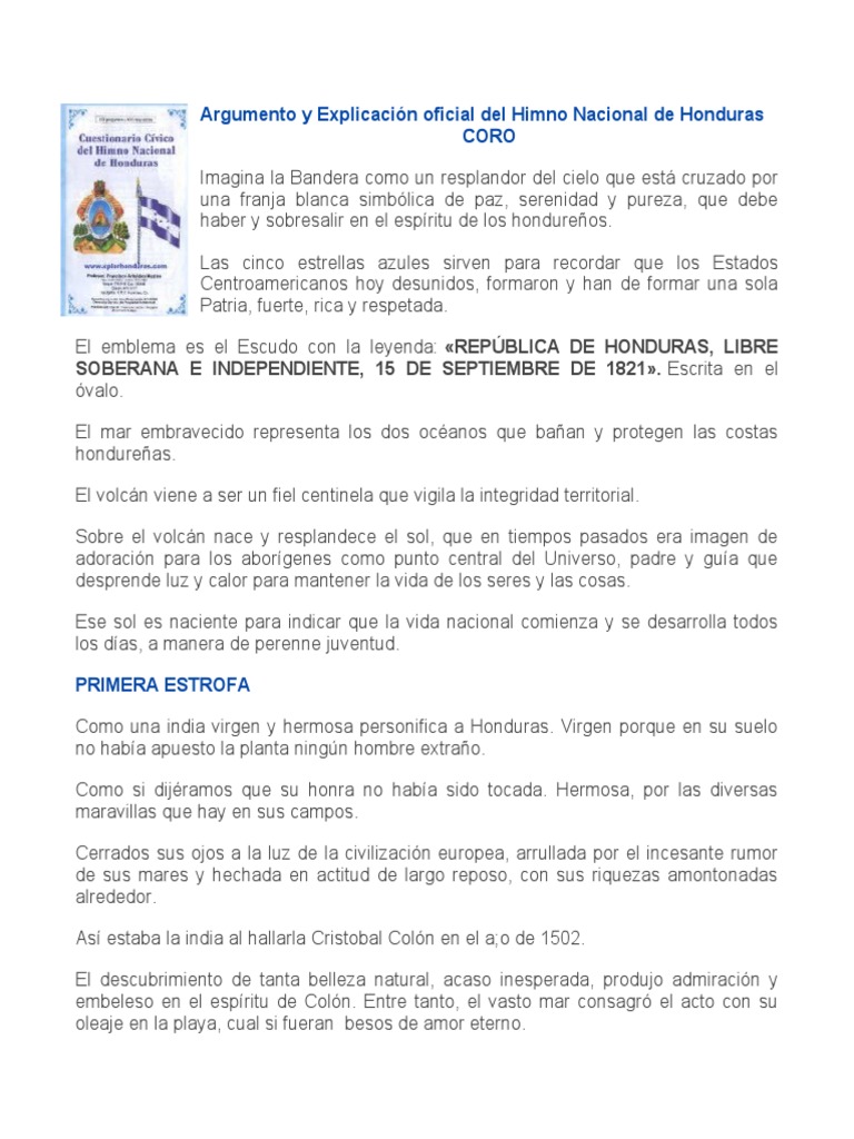 Argumento y Explicación Oficial Del Himno Nacional de Honduras | PDF | Viajes y turismo
