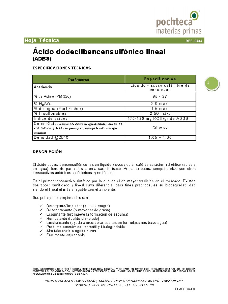 Ácido Dodecilbencensulfónico: Especificaciones y Usos | PDF