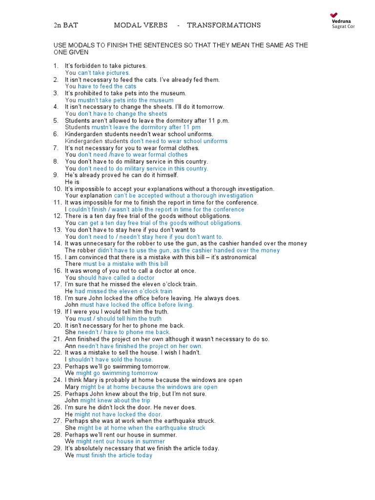 MODALS_transformations_2n BAT | PDF