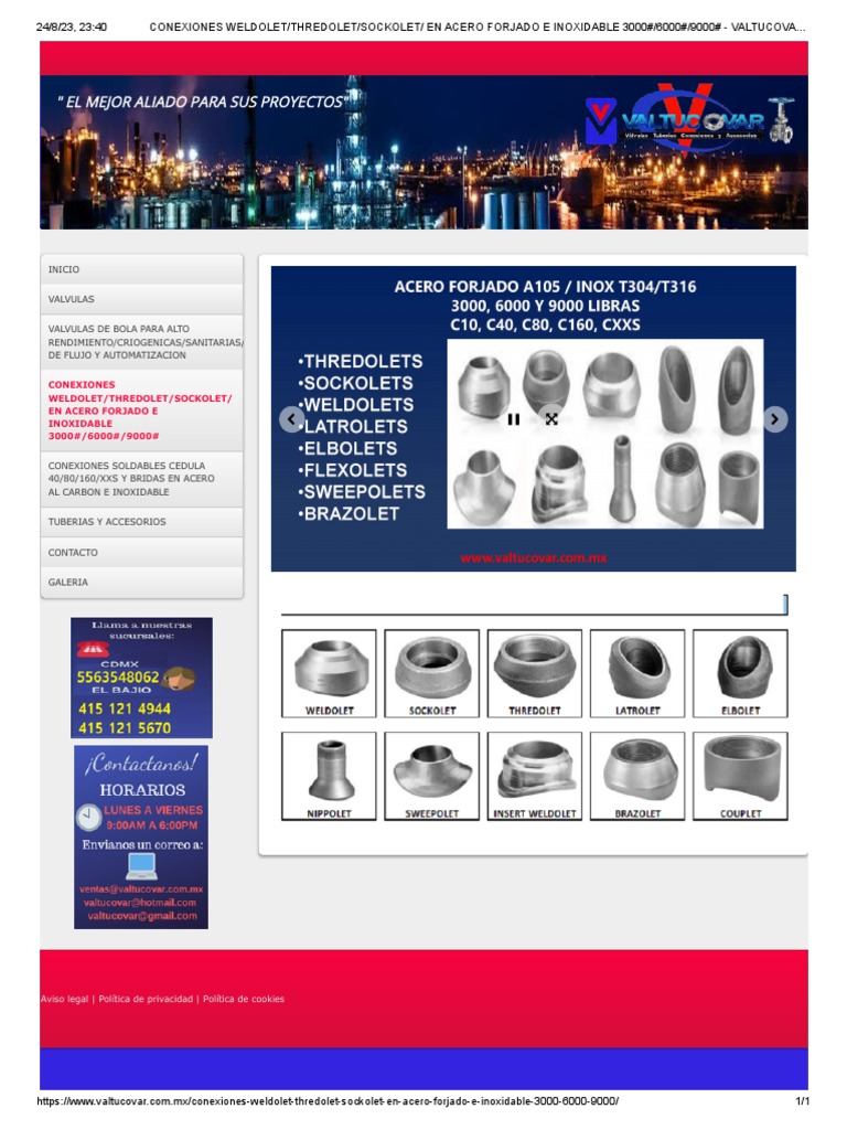 Conexiones Weldolet - Thredolet - Sockolet - en Acero Forjado e Inoxidable 3000# - 6000# - 9000 ...
