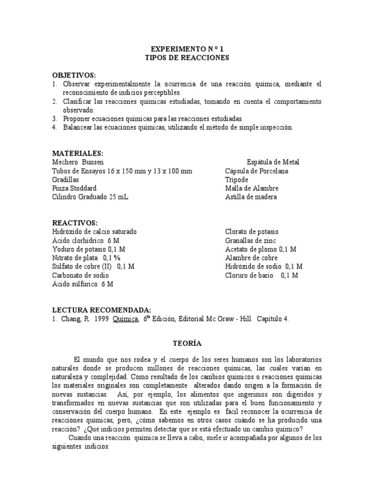 Experimento N°1 - Tipos de Reacciones | PDF | Reacciones químicas | Ácido