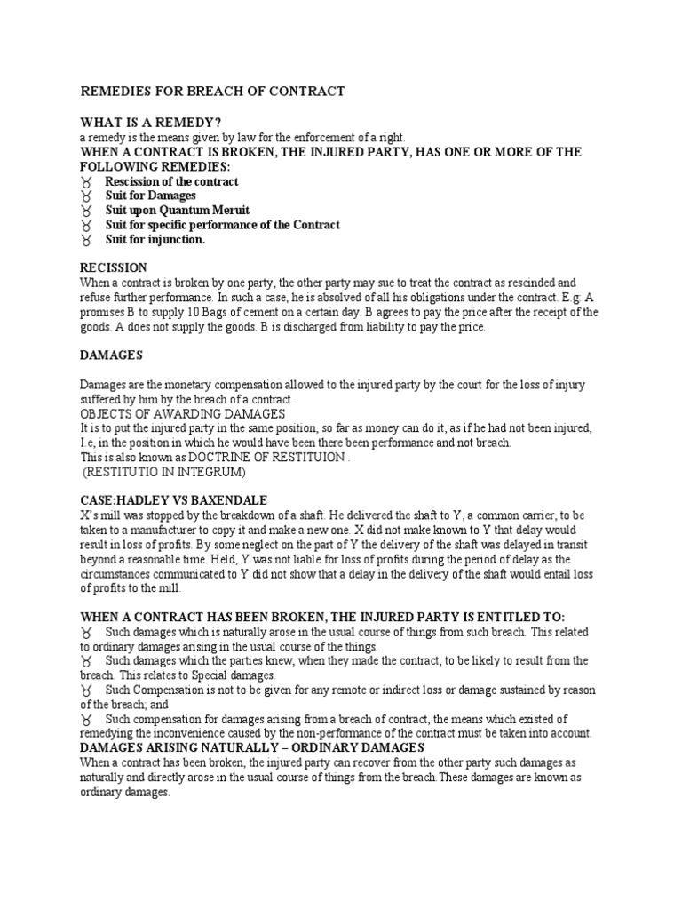 Remedies For Breach of Contract | PDF | Damages | Breach Of Contract