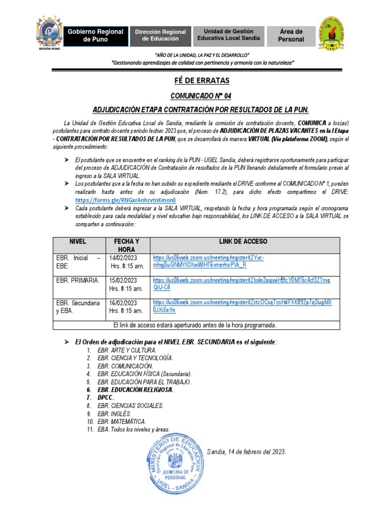 Comunicado 4 - 2023 - Fe de Erratas | PDF