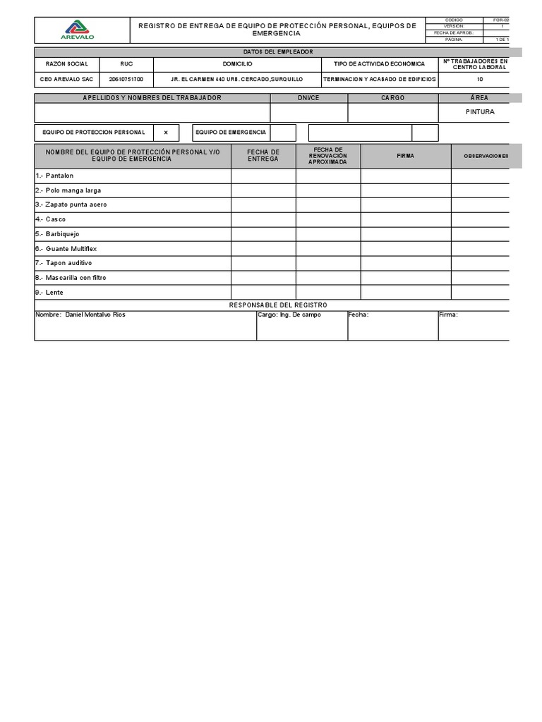 Modelo de Registro de Entrega de EPPs | PDF