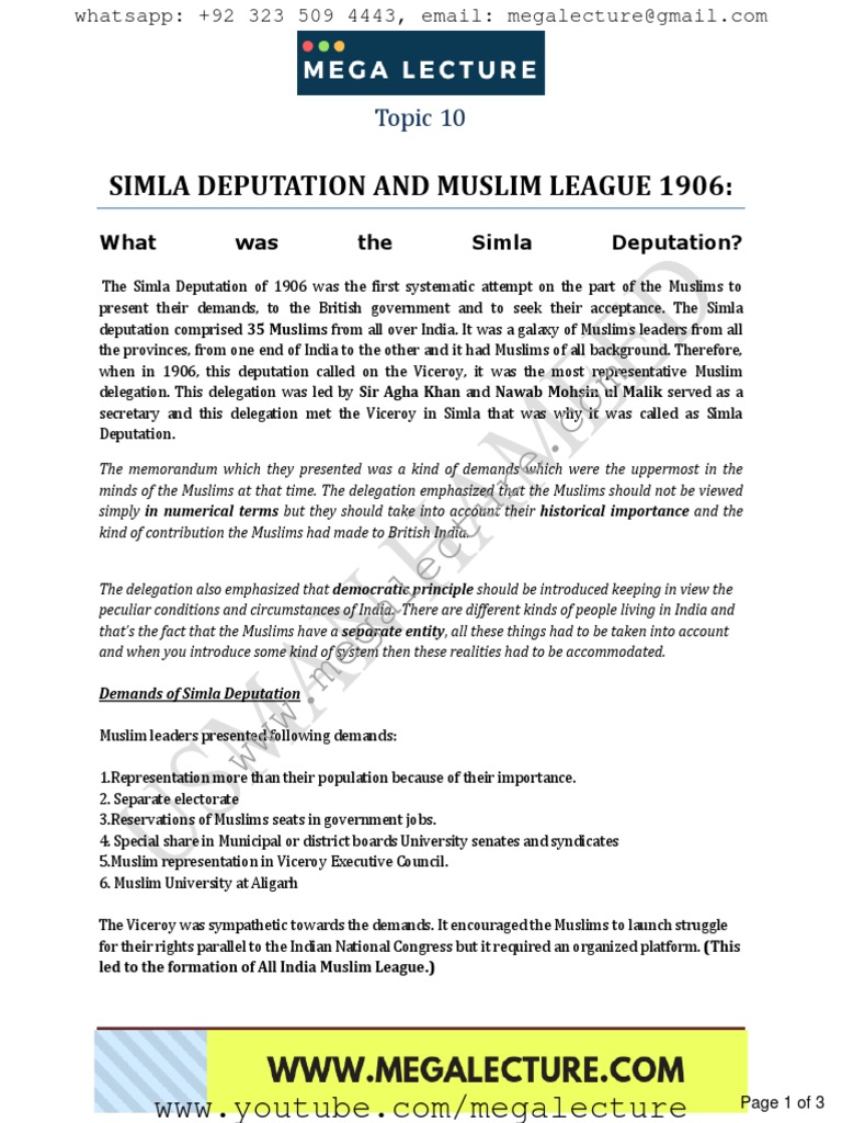 Hist Topic 10 Simla Deputation and Muslim League 1906 | PDF | Politics