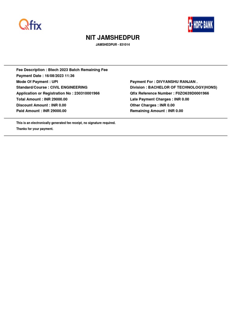 Qfix-Payment-Receipt-Btech 2023 Batch Remaining Fee | PDF