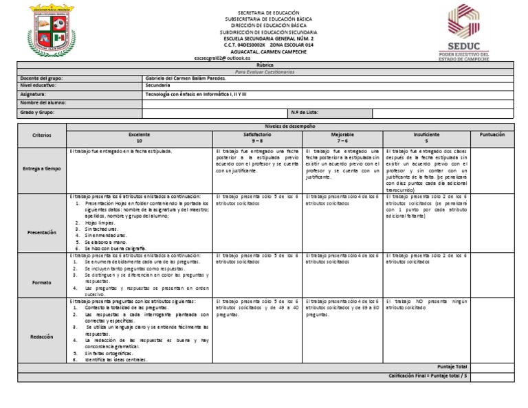 Rúbrica - para Evalar Cuestionarios en La Libreta | PDF