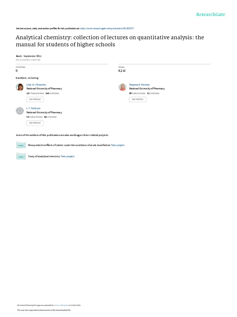 Analytical Chemistry: Collection of Lectures On Quantitative Analysis ...