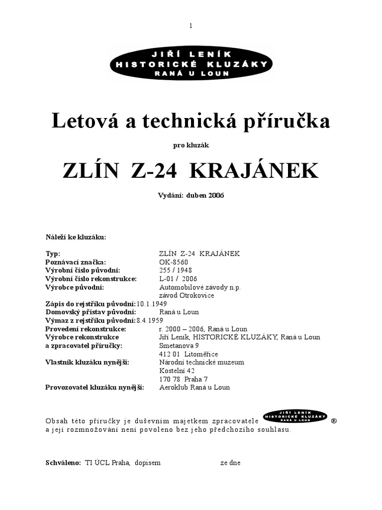 Letová A Technická Příručka ZLÍN Z-24 KRAJÁNEK | PDF