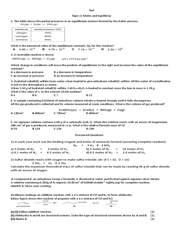 Test Moles and Equilibria | PDF | Chemical Equilibrium | Chemical Reactions